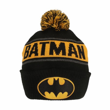 Batman Jacquard Embroidered Logo Knit Cuff Beanie with Pom